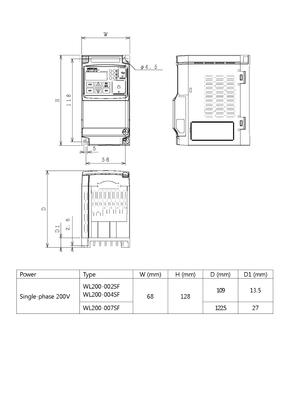 HITACHI, WL200, měnič frekvence 0.2kW, typ WL200-002SFE, napájení 1f